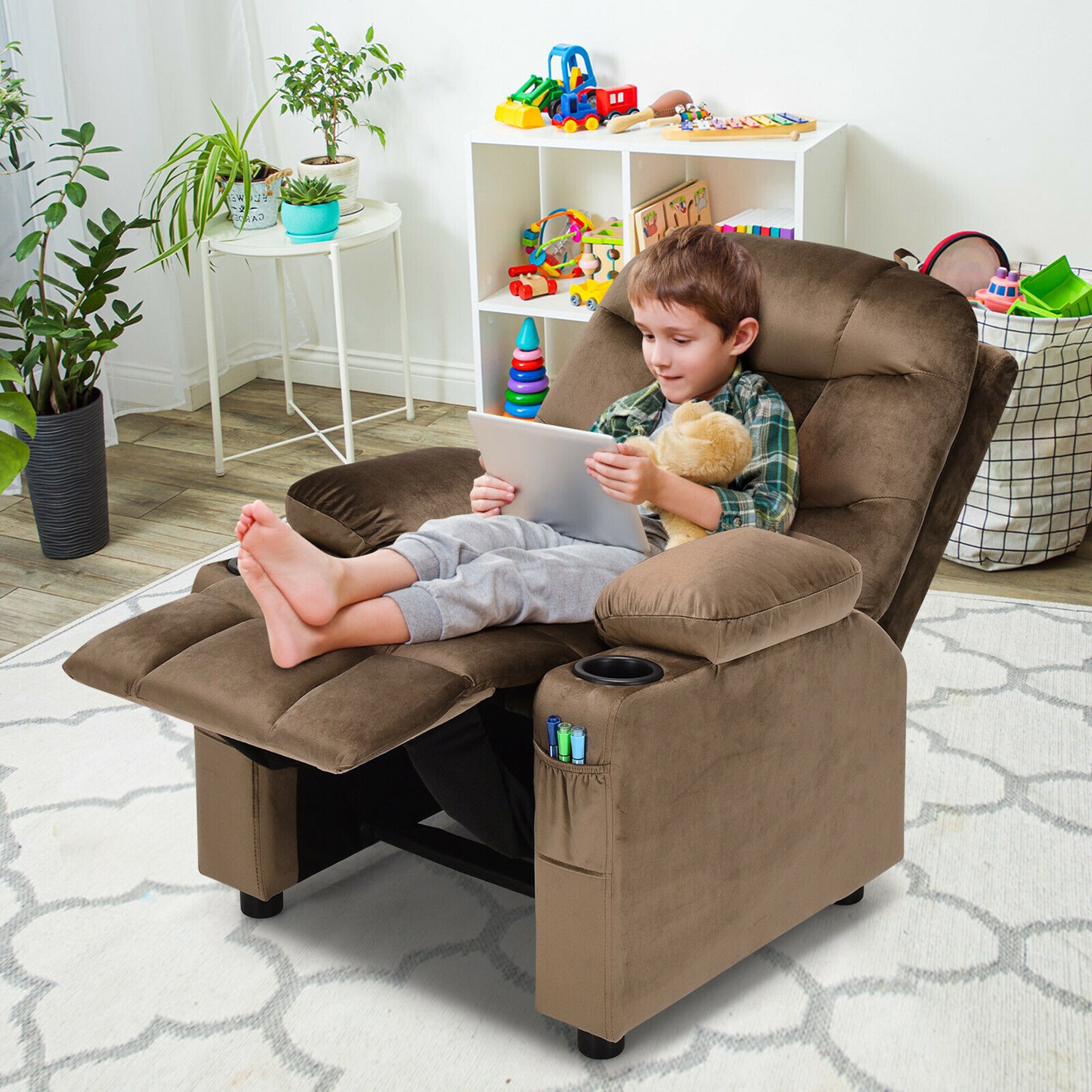Gymax Kids Youth Recliner Chair Velvet Fabric w Cup Holder Side On Sale Bed Bath Beyond 34357498