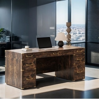 Executive Desk w/Metal Edge Trim,Writing Desk w/File Drawers,USB Ports ...