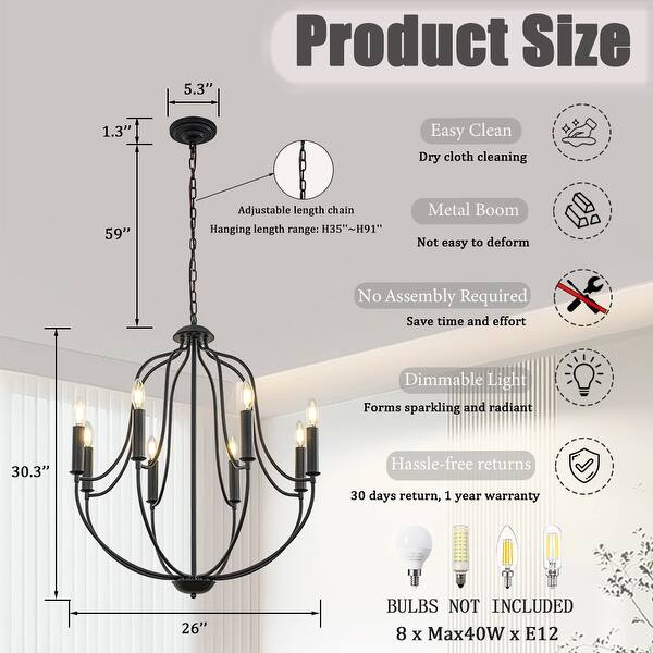 26'' 8-Light Modern Matt Black Classic Candelabra Chandelier Farmhouse ...