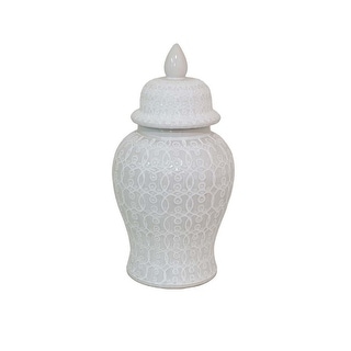 Deni 19 Inch Temple Jar Removable Lid Carved Pattern Ceramic White ...