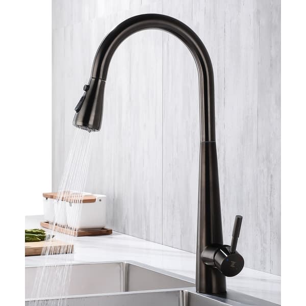 Grey High Arc Single Handle Kitchen Faucet with Pull Out Sprayer - Bed ...