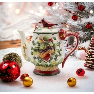 Ceramic Christmas Robin Bird Teapot 24Oz Hand Painted Holiday Decor ...