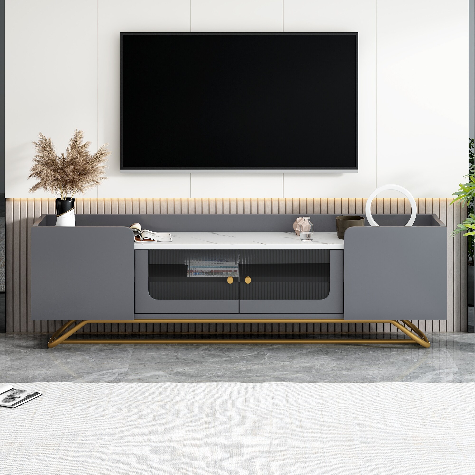 TV Stand Faux Marble Top TV Console Table with Gold Frame Base - Bed ...