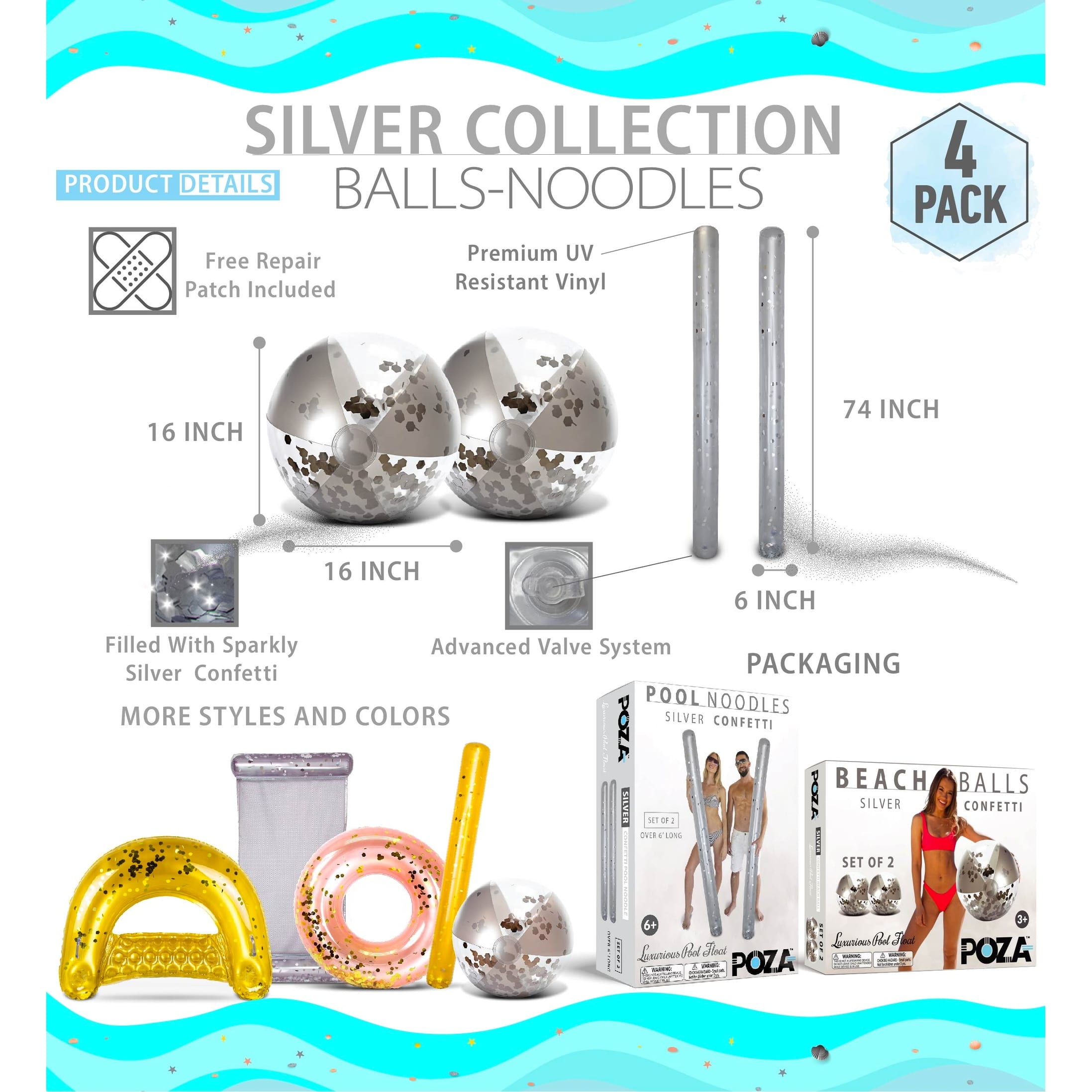 POZA Silver Inflatable Beach Balls and Giant Pool Noodles - 4 Pack ...