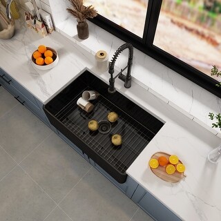 Matte Black 33 inch Kitchen Vessel Sink with Bottom Grid in and Drain ...