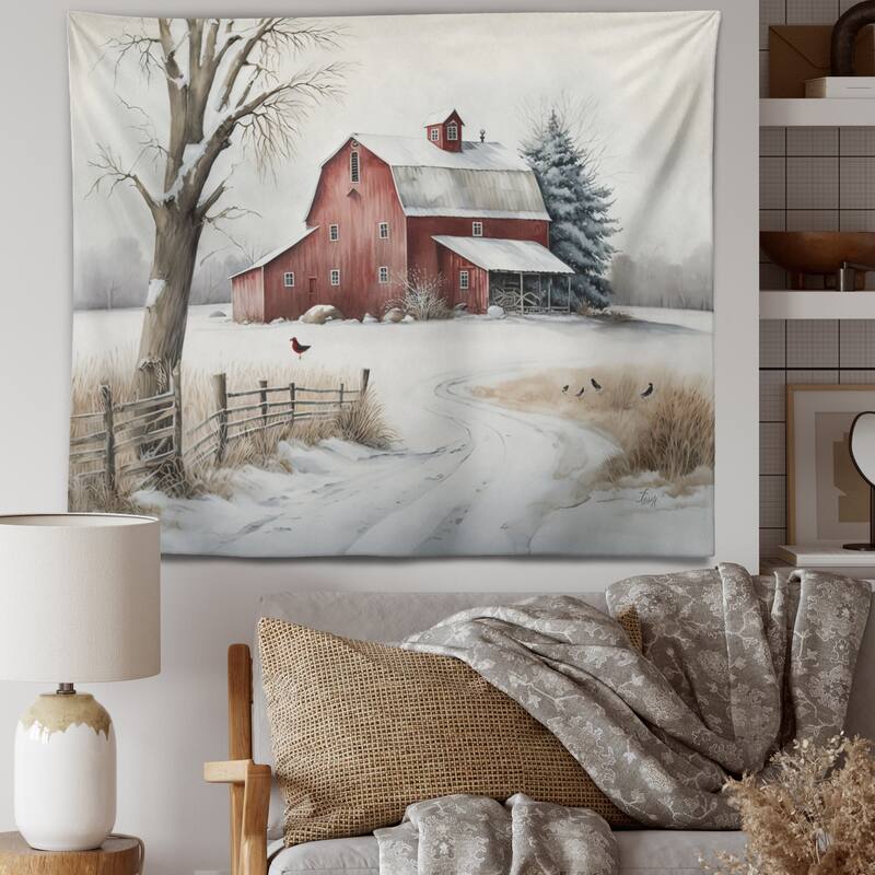 Designart 'Calm Red Barn In Winter III' Barn Landscape Wall Tapestry ...