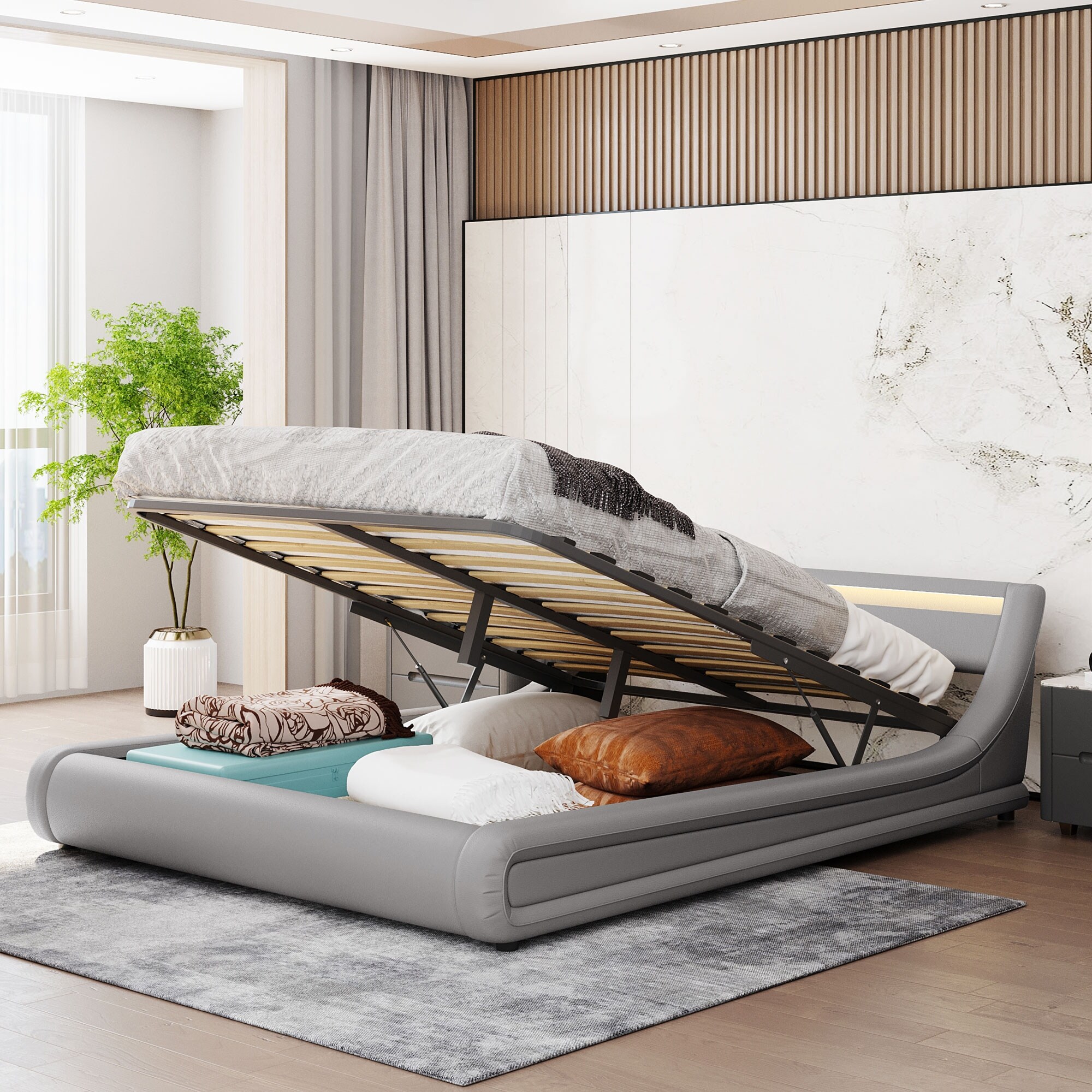 Queen Size Upholstered Faux Leather Platform Bed with a Hydraulic Storage System and LED Light Headboard Bed Frame Slatted Bed Bath Beyond 40387955