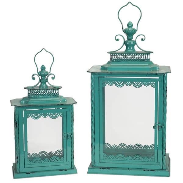 Set of 2 Antique Finished Teal Blue Candle Lanterns 20.75" - Bed Bath ...