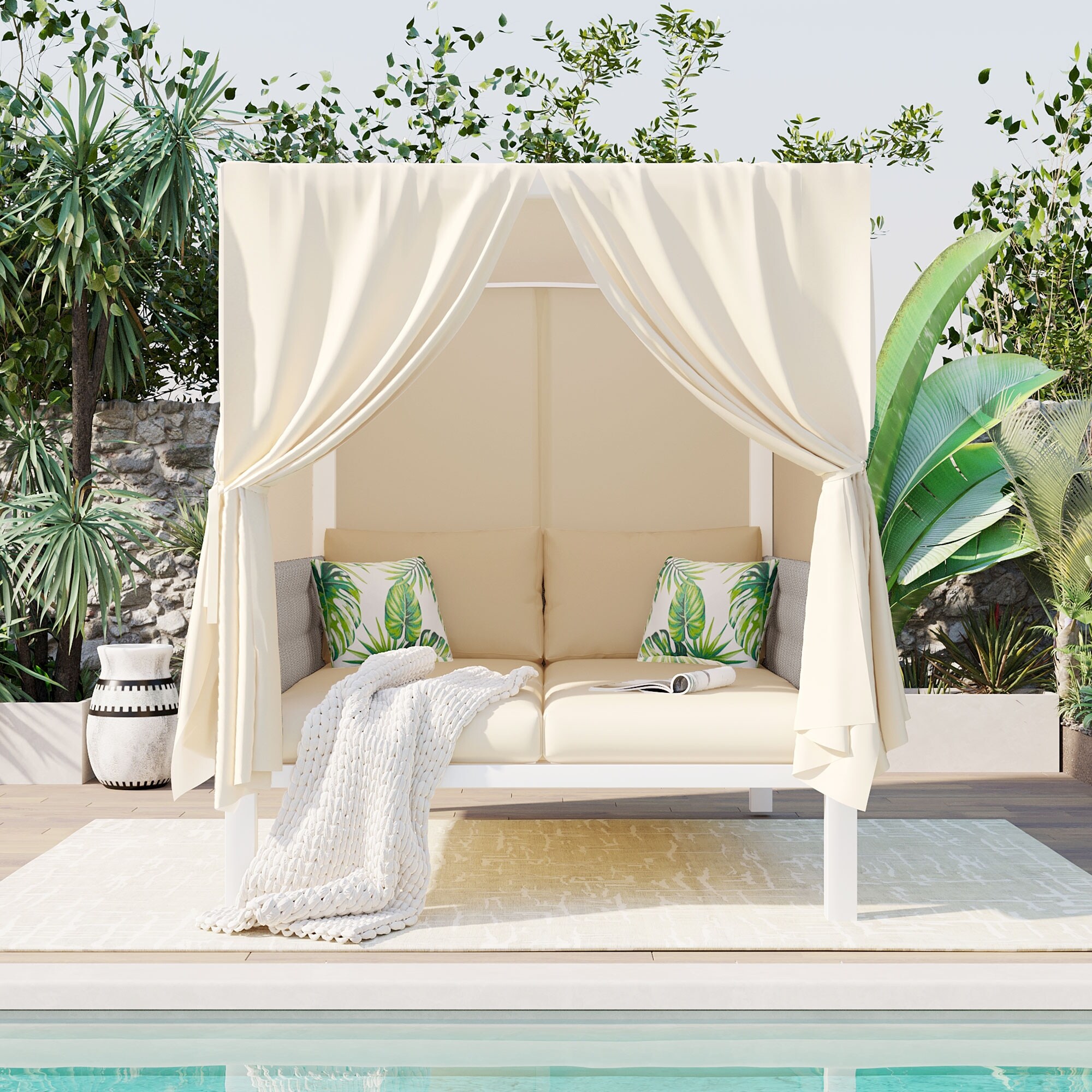 Elegant Design Outdoor Patio Canopy Daybed Sunbed with Curtains