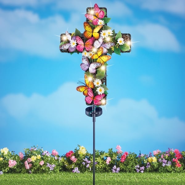 Solar Lighted Butterfly Floral Memorial Outdoor Cross Ground Stake - 10 ...