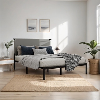 Queen Size Metal Platform Bed Frame with Linen Headboard Backrest - Bed ...