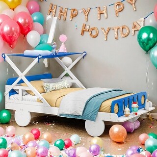 Wooden Twin Size Car Bed with Ceiling Cloth, Headboard and Footboard ...