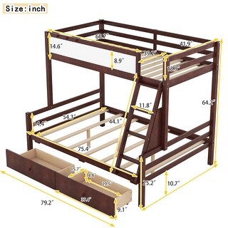 Wood Twin over Full Bunk Bed with Whiteboard, 3 Hooks, and 2 Drawers ...