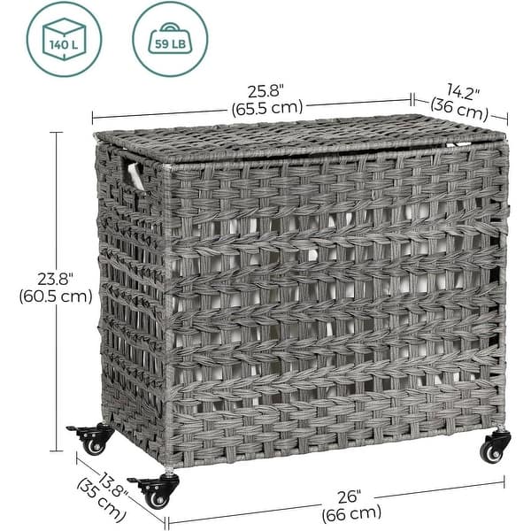 Brown/Grey/Tan PP Rattan 3-Basket Laundry Hamper Sorter Cart with ...