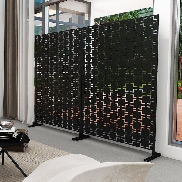 Free Standing Quadra Black Decorative Outdoor Privacy Screen, 47" L x ...