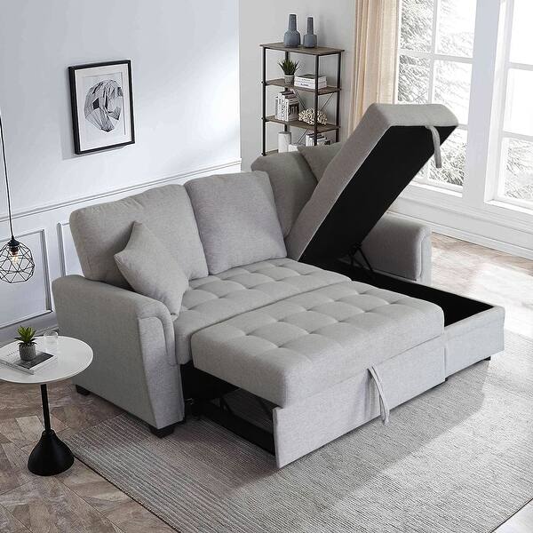 L Shape Sectional Linen Padded Sofa Bed Reversible Storage Chaise Pull ...