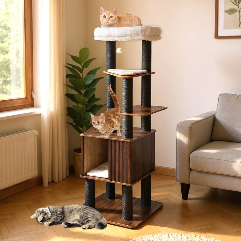 Gymax 64'' Tall Cat Tree for Indoor Cat Wooden Cat Tower Top Perch w ...