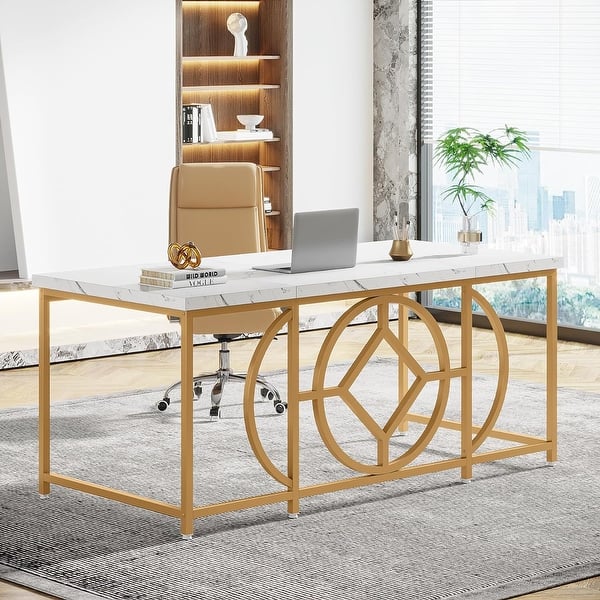 63 Inches Modern White and Gold Executive Desk - Bed Bath & Beyond ...