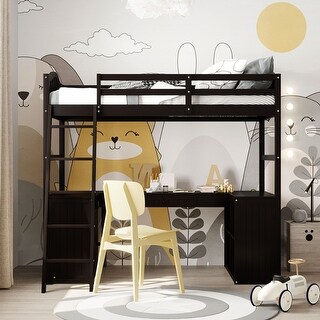 Espresso Wooden Loft Bed with Desk, Twin Size Loft Bed with Drawers ...