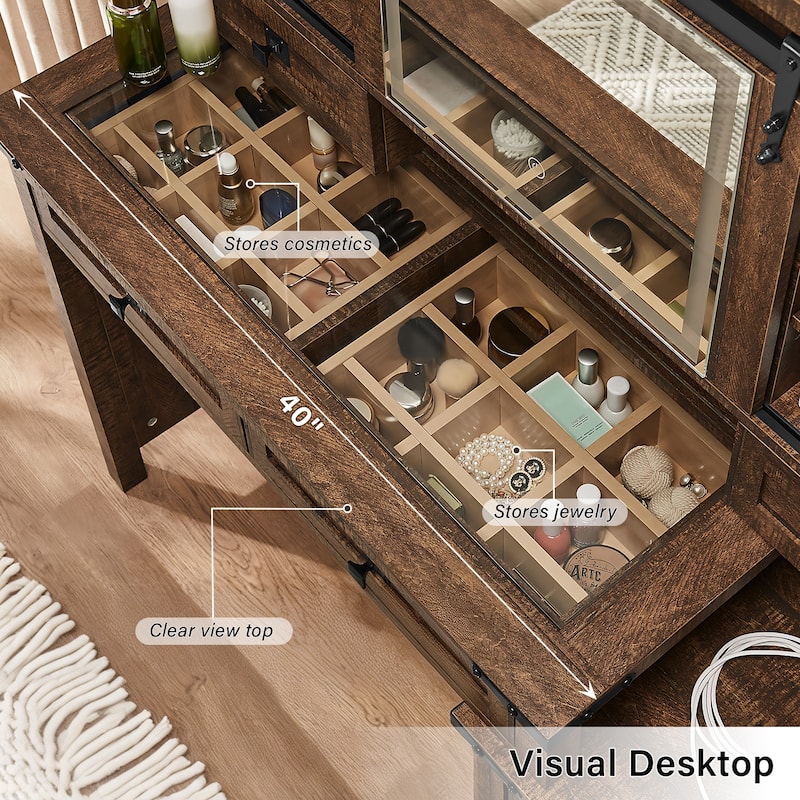 Farmhouse Makeup Vanity Desk with Mirror & Lights, Rustic Vanity Table ...