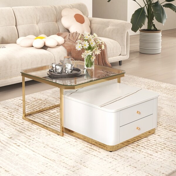 Modern 2 Pieces Square Coffee Table Set with 2 Drawers Nesting Center Cocktail Table with Glass Top Bed Bath Beyond 40537615
