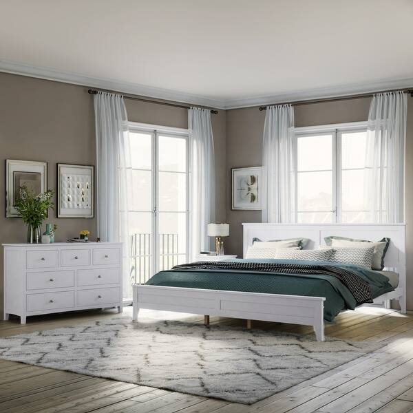 3-Pieces White Bedroom Sets, King Size Wood Platform Bed with ...