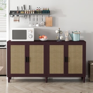 70" Rattan Buffet Cabinet with Storage, 4-Door Sideboard Buffet Cabinet ...