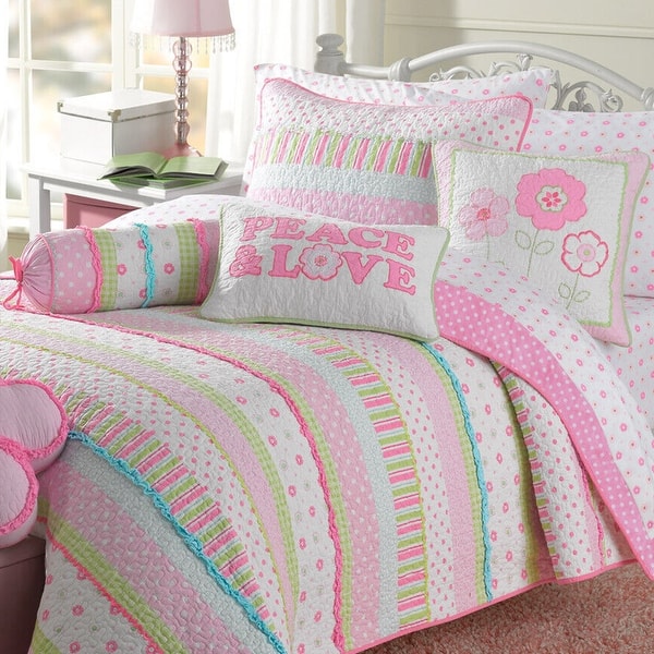 3pc Full/Queen Pastel Floral 100%Cotton Reversible Quilt Set Pink - Bed ...