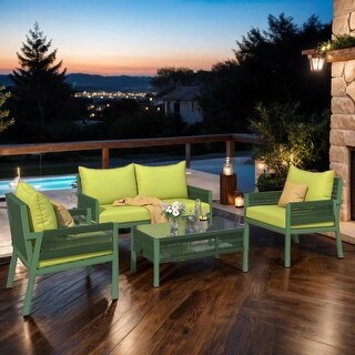 4-Piece Patio Outdoor Furniture Set with Tempered Glass Table, Green ...
