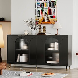 60-in Modern Black Lacquered 4 Glass Door Sideboard Buffet Server ...
