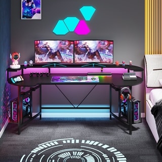 Gaming Desk with Monitor Shelf, 75 inch PC Computer Desk with LED Strip ...