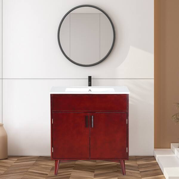 30'' Red Modern Bathroom Vanity Cabnet with Single Sink Combo - Bed ...