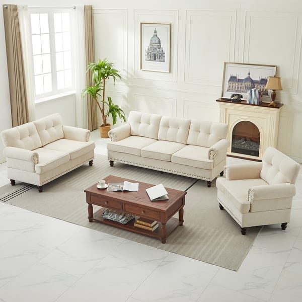 Set of 3 Chenille Sofa Set for Living Room, Button-Tufted & Nailhead ...