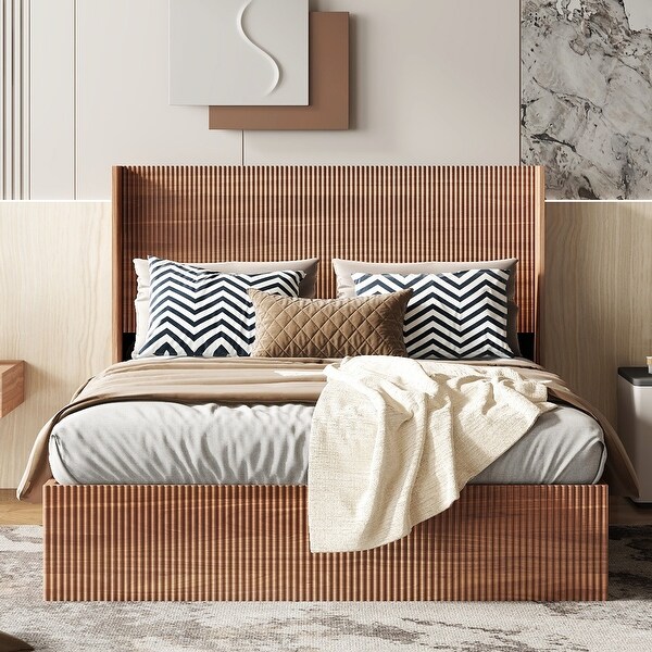 Queen Size Gas Lift Storage Bed with Wooden Headboard Ample Storage Space and No Box Spring Needed Natural Wood