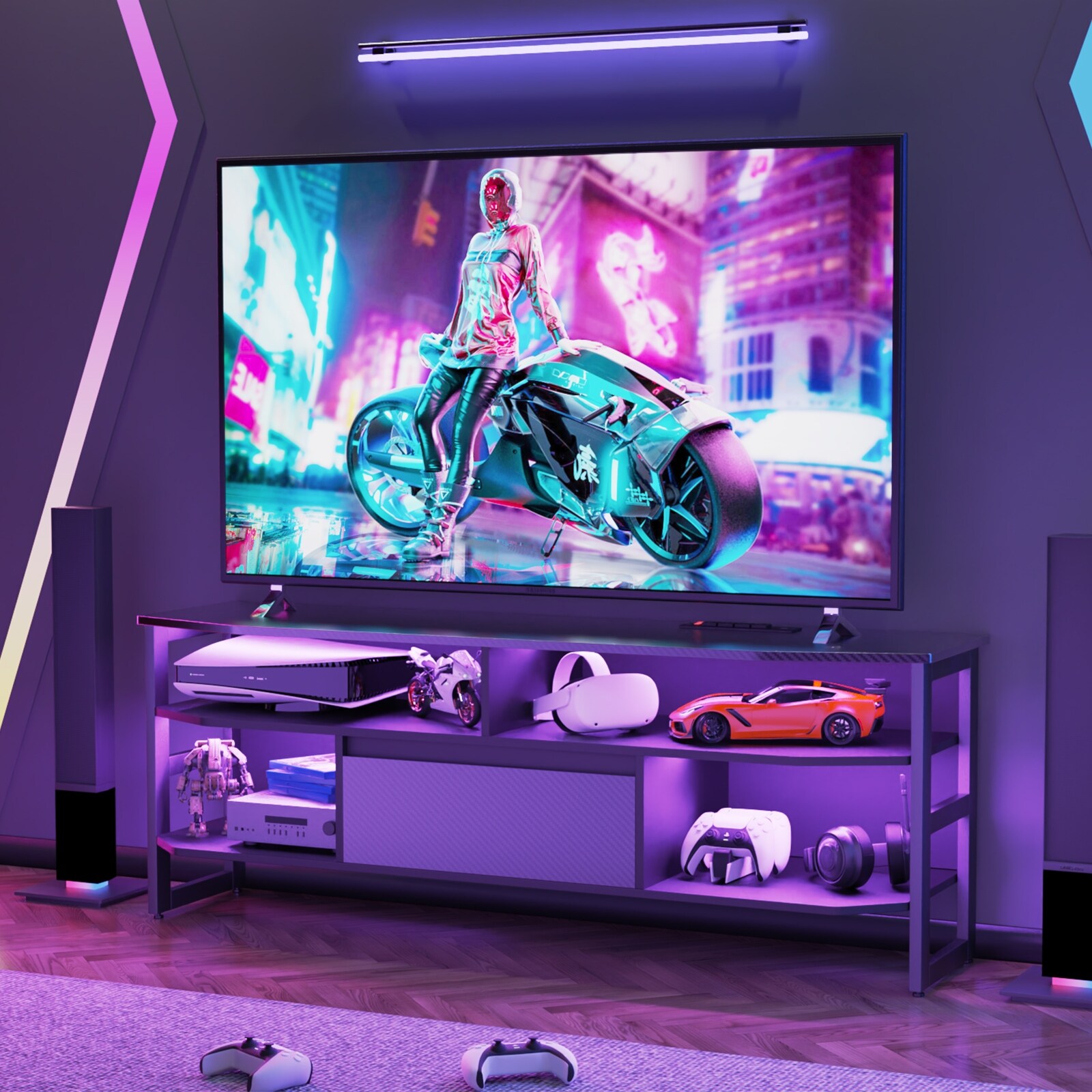 LED Gaming TV Stand Showcase High Gloss Media Console Table Center for TVs up to 65 Inches with Power Outlet