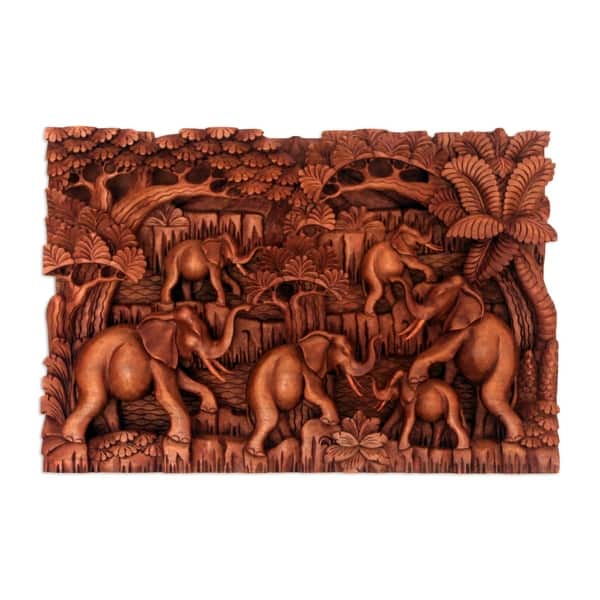 Novica Handmade Elephant Life Wood Relief Panel - Bed Bath & Beyond ...