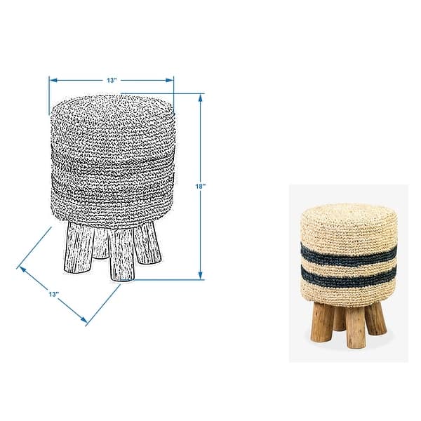 Natural Tan And Black Handwoven Raffia Wood Stool by East at Main - Bed Bath & Beyond - 30061963