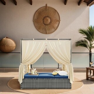 Outdoor Rattan Daybed with Curtain, Cushions and Canopy - Bed Bath ...