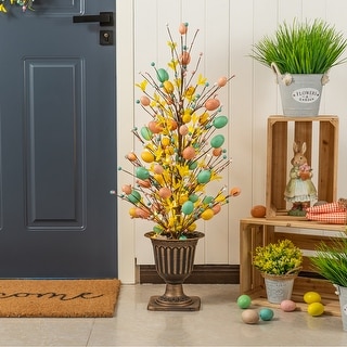 Glitzhome 36"H Easter Egg Berries Flower Urn Porch Tree with 20 Warm ...