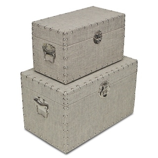 Set of 2 Beige Large Natural Linen Storage Boxes with Studded Frame 13. ...