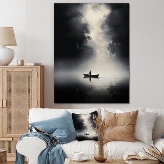 Designart "Solitary Fisher Boat Misty Lake Black White I" Boat Canvas ...