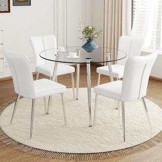 Round dining table with Transparent Tempered Glass top and silver metal ...