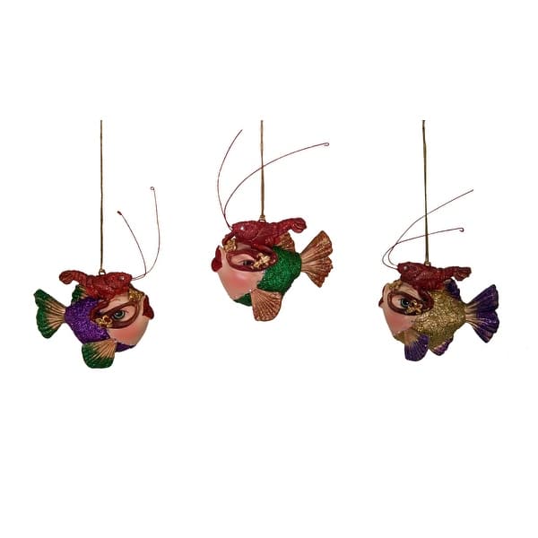 Purple Green Gold Crawfish Mask Kissing Fish Christmas Holiday Ornament ...