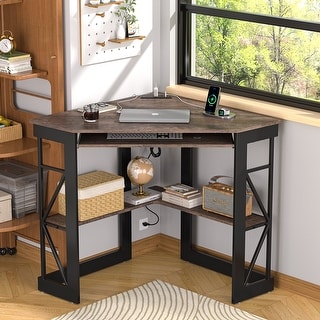 VECELO Triangle Computer Desk with Charging Station Corner Table with ...