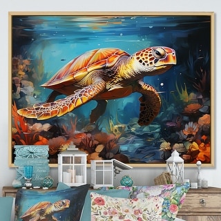 Designart "Green Blue Turtle Underwater Symphony" Marine Animals Framed ...