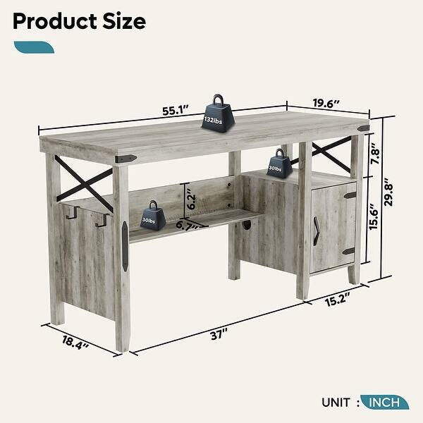 55 inch Computer Desk with Storage Cabinet Farmhouse Style Table with ...