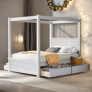 Wood Canopy Bed with Four Drawers, Full Size Canopy Platform bed.No Box ...