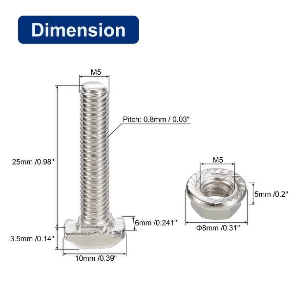 T Slot Drop-in Bolt & M5 Hexagon Flange Nut Set, 10 Sets for 20 Series ...