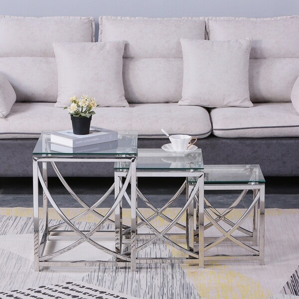 3 Pieces Silver Square Nesting Glass End Tables Small Coffee Table Set Minimalist Side Table Bed Bath Beyond 38101675