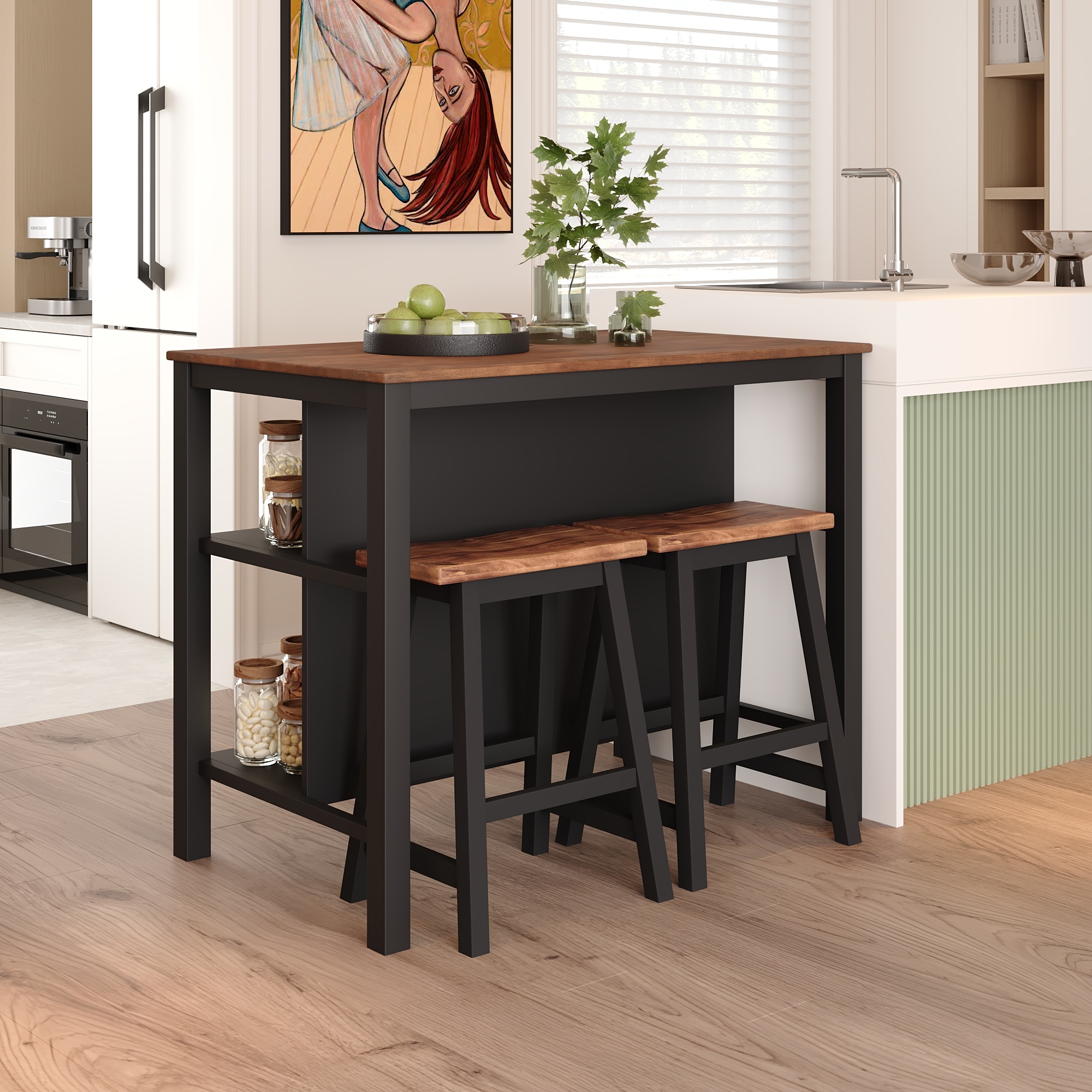 Solid Wood Rustic 3 piece 45 Stationary Kitchen Island Set with 2 Seatings Rubber Wood Butcher Block